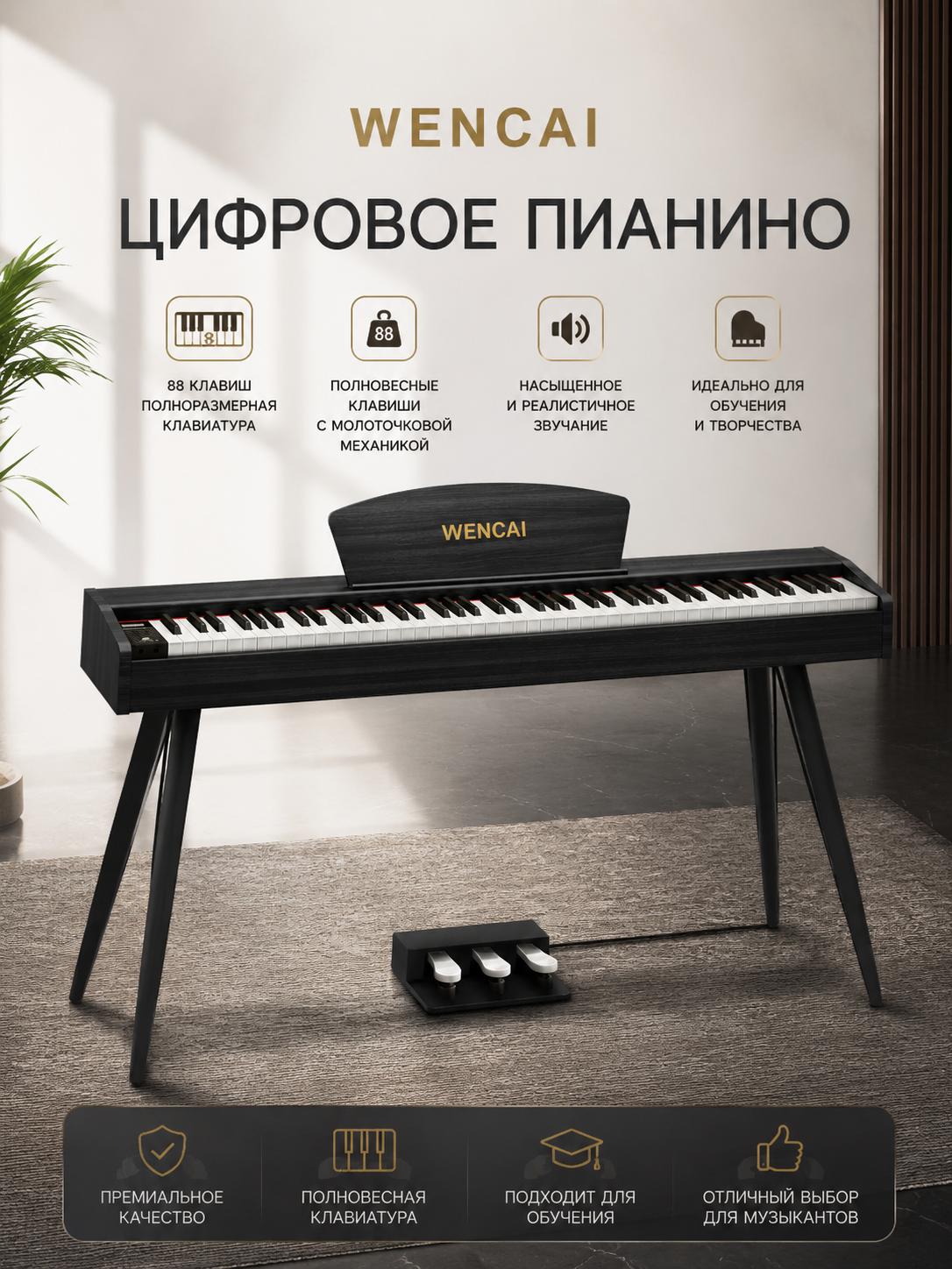 Цифровое пианино 88 клавиш WENCAI BL-8802，молотоЧковаЯ механика с педалЯMи, с ножками для фортепиано, черный