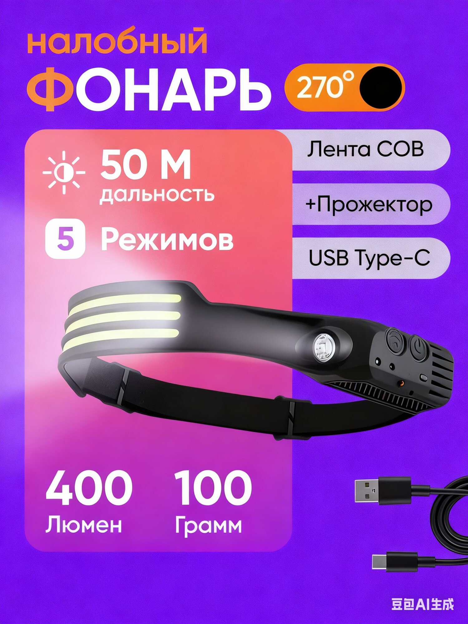 Налобный фонарь аккумуляторный, мощный, профессиональный, светодиодный, влагозащитный 5 режимов работы, включение по взмаху.
