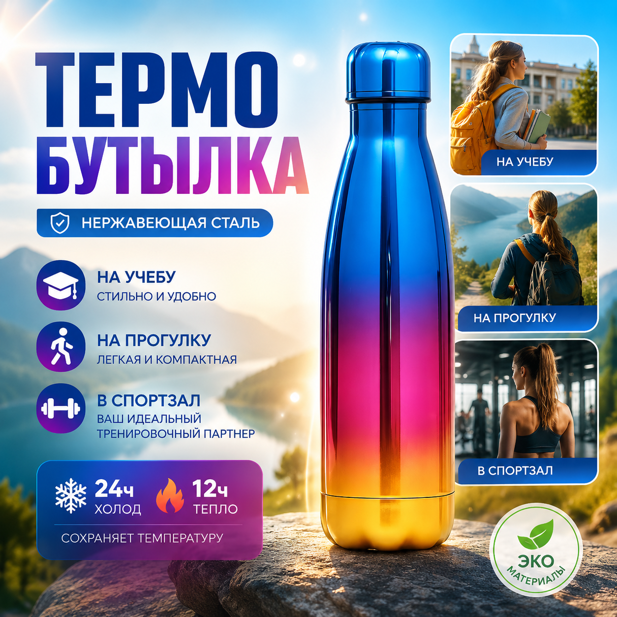 Современная термобутылка из высококачественной нержавеющей стали объемом 500мл. Сохраняет температуру напитков до12часов