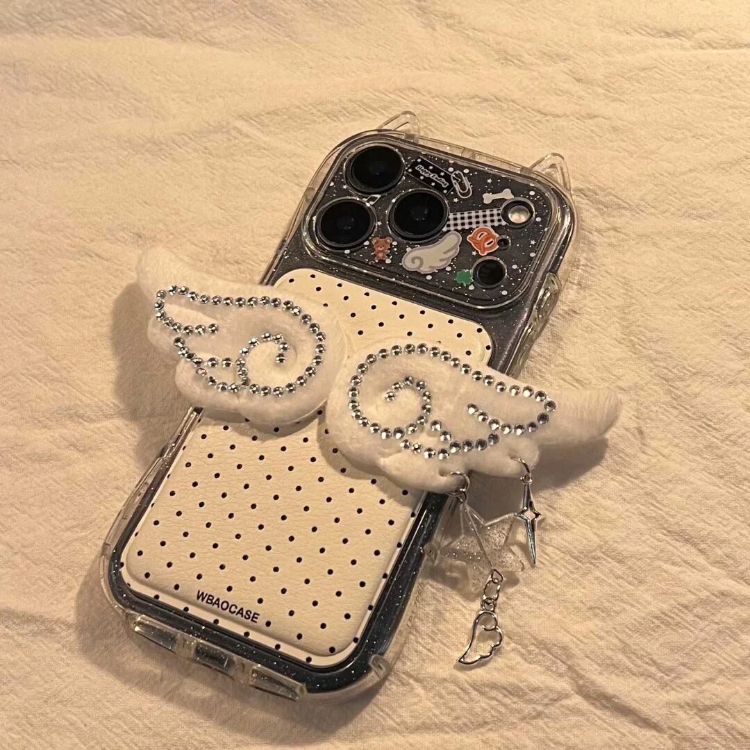 Мягкий прозрачный чехол Ins Korean Lovely Angel Winged Wave Point с кошачьими ушками Y2K для iPhone 17 16 15 14 Pro MAX Plus