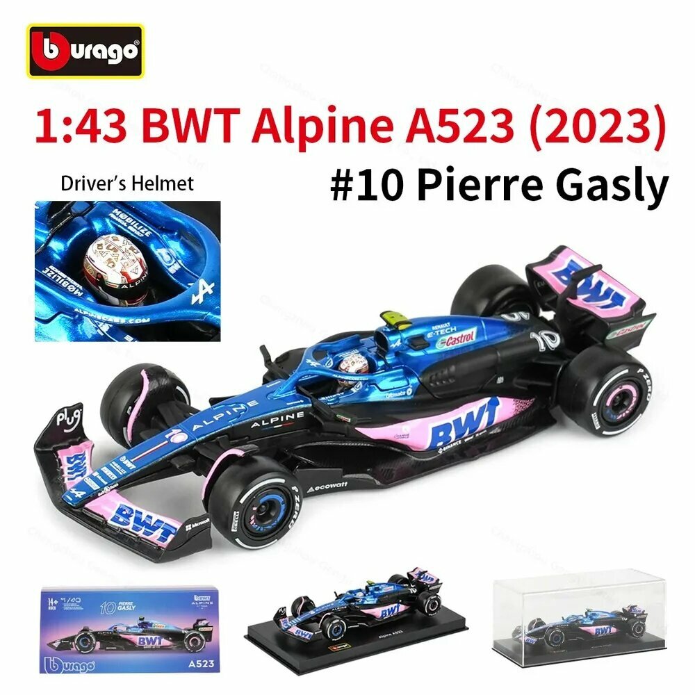 Акриловая прозрачная коробка Bburago 1:43 2023 BWT Alpine A 523 Формульный болид Формулы-1, Литые под давлением автомобили, коллекционная модель гоночных игрушек