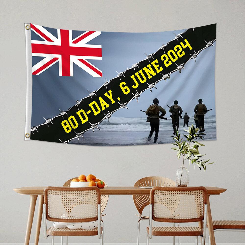 Флаг, посвященный 80-й годовщине высадки в Нормандии, 150x90 см — флаг Дня памяти с изображением британского флага и солдат — «Мы будем помнить их» — «Чтобы мы не забыли» — прочный полиэстер для мемориальных выставок — флагшток в комплект не входит