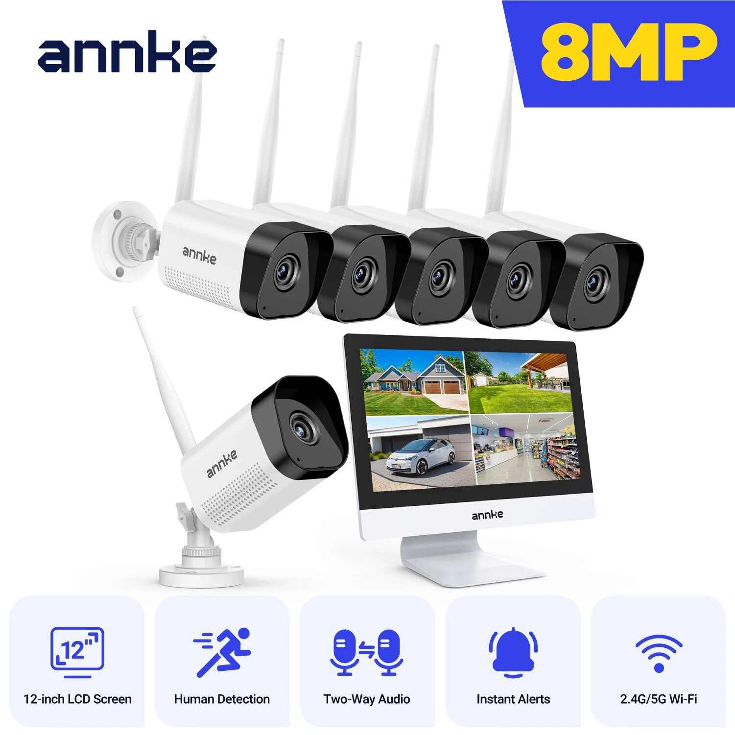 Камера безопасности Annke 8MP с Wi-Fi, 12-дюймовый ЖК-монитор, система беспроводных камер 2.4G 5.8G 4k, двухсторонний звук, инфракрасное ночное видение, внешняя Wi-Fi-камера