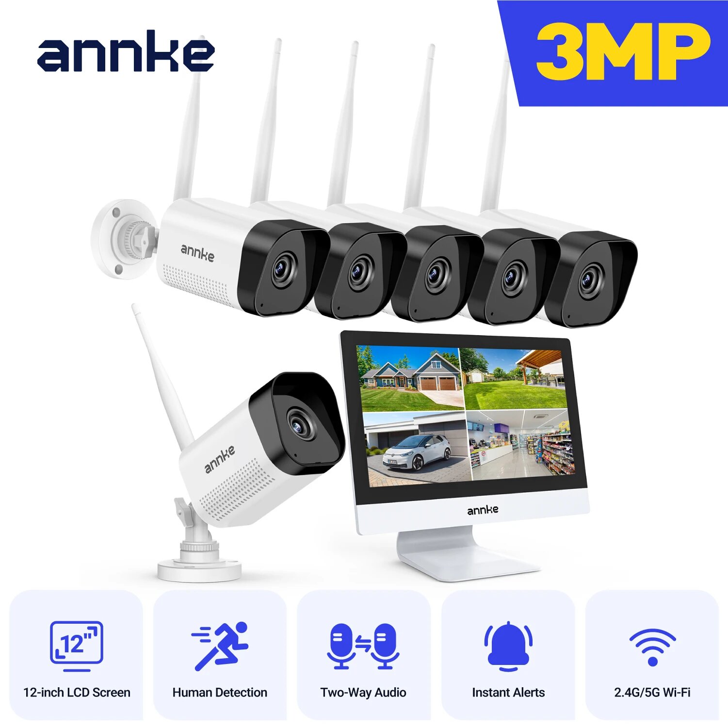 Annke 8MP Wi-Fi камера безопасности с 12-дюймовым ЖК-дисплеем, 4K беспроводная камера 2.4G 5.8G, система камер с двусторонним звуком, инфракрасной ночной съемкой, внешняя Wi-Fi камера