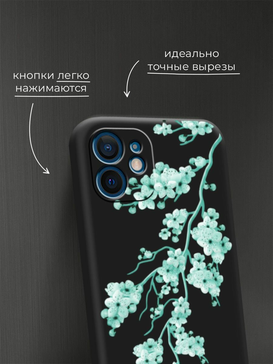 Чехол на Apple iPhone 12 / Айфон 12 с принтом Бирюзовая веточка сакуры — фото 1