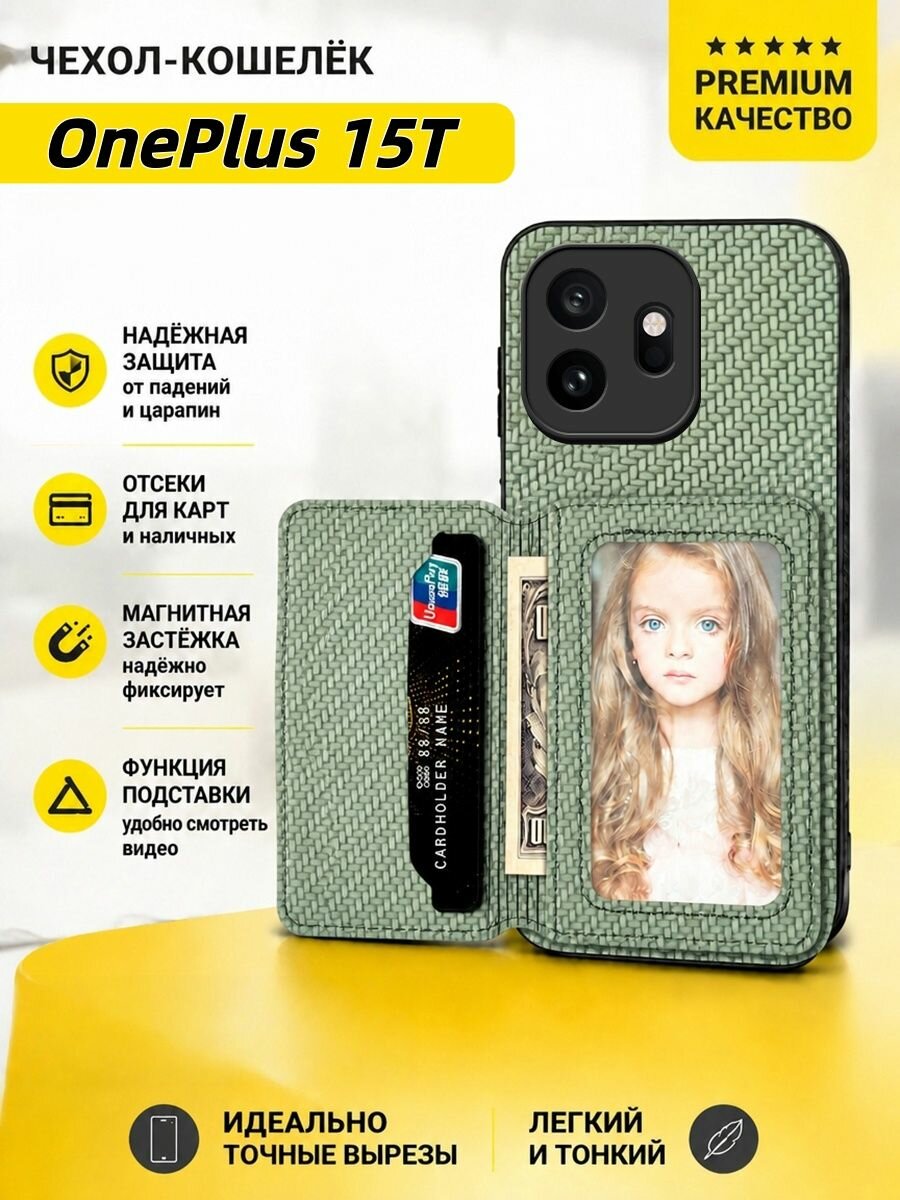 Чехол на OnePlus 15T с картхолдером, кожаный чехол с карбоновой текстурой(синий)