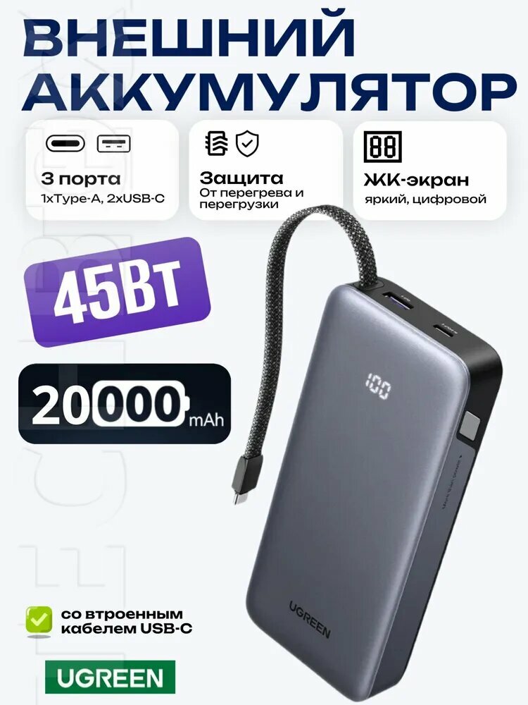 Внешний аккумулятор Ugreen PB536 (55988) 20000mAh, PD45W, 2хType-C + 1хUSB-A, powerbank