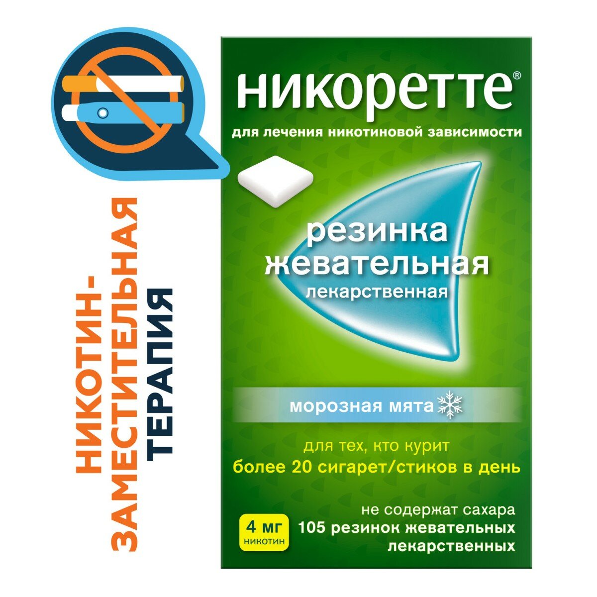 Никоретте, лекарственная резинка жевательная (морозная мята) 4 мг, 105 шт.