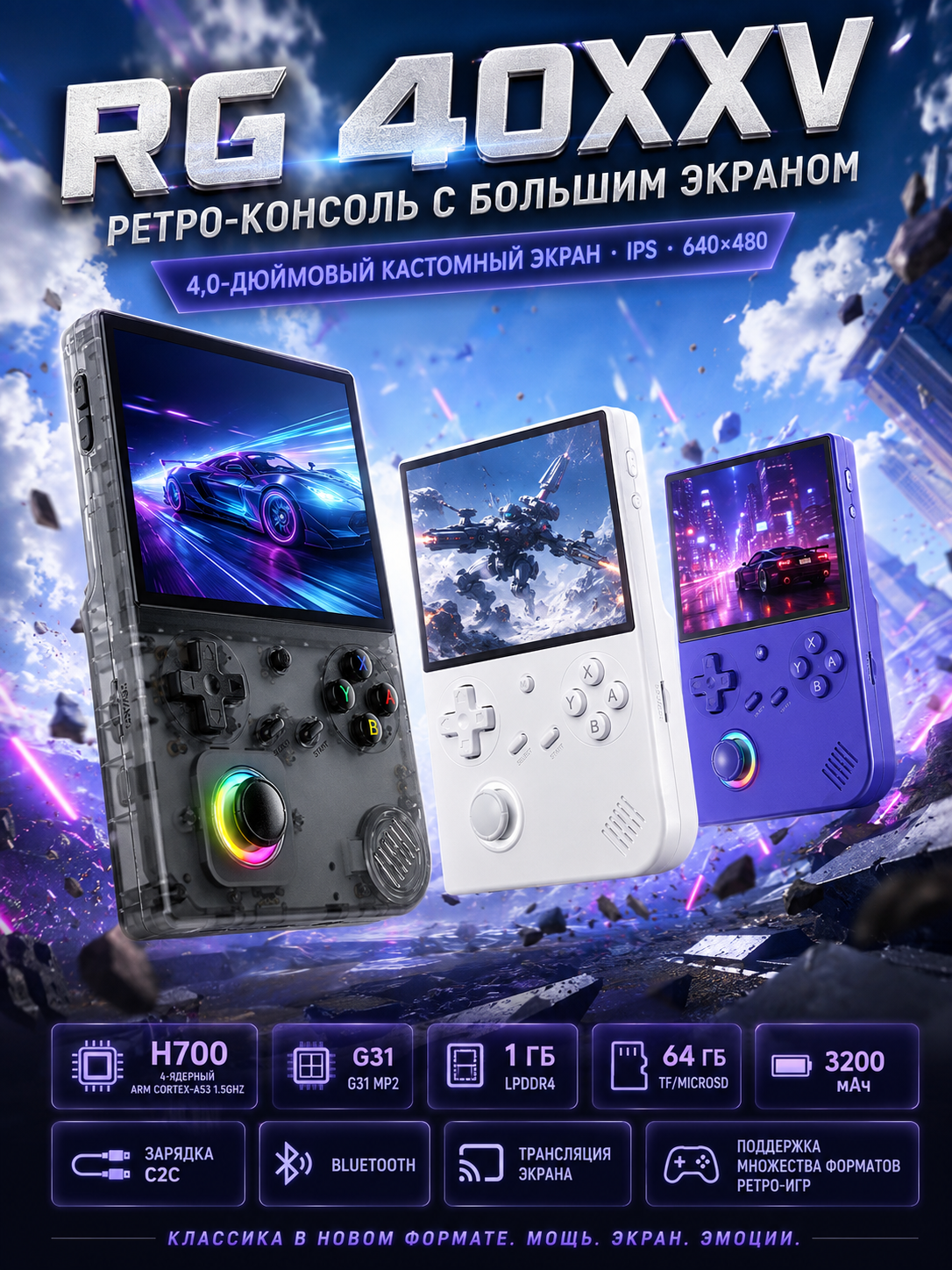 Игровая приставка Anbernic RG40XX V, белая, 32+256 ГБ, портативная ретро-аркадная игровая приставка.