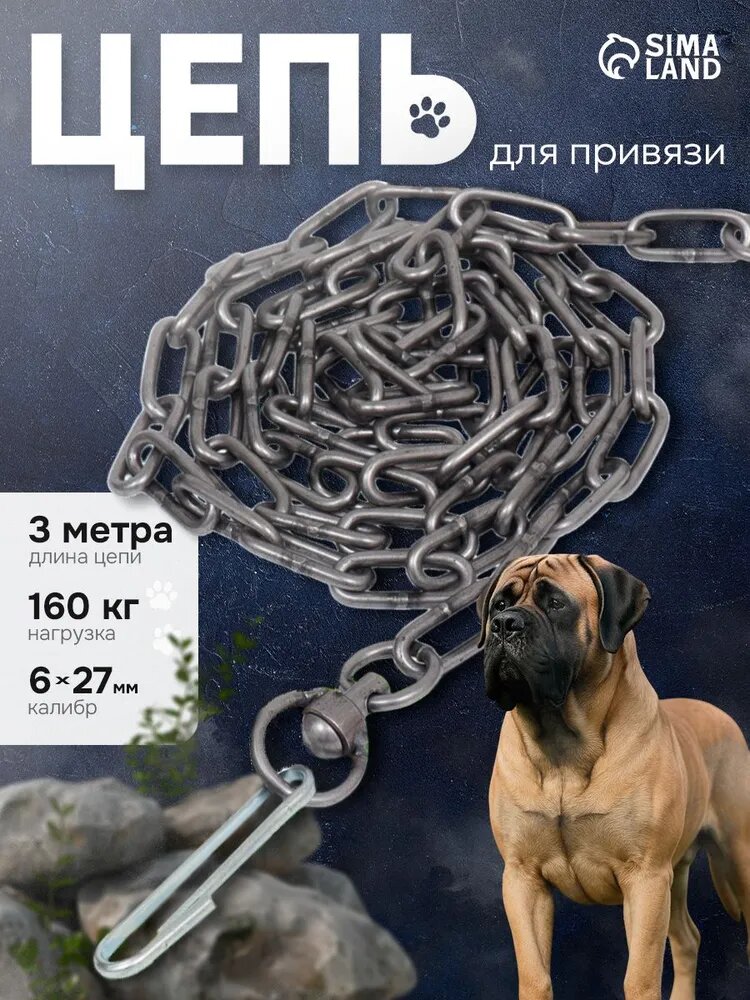Цепь для собак привязочная, 3 м, калибр 6x27 мм,160 кг, для крупных пород