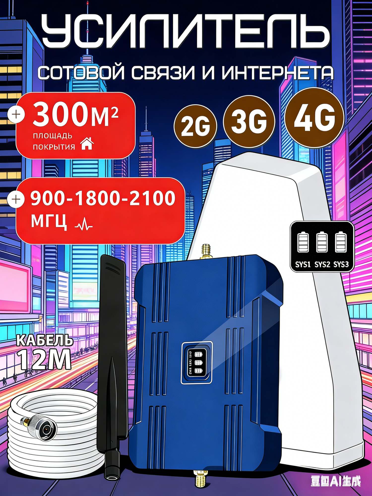 Усилитель сотовой связи 900/1800/2100 МГц (2G/3G/4G): до 70 км, направленный, синий, 1.3 кг