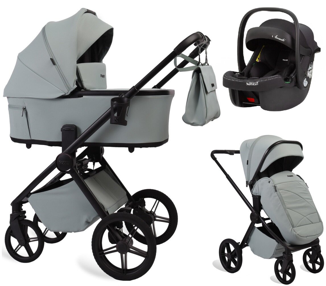 Коляска детская Peppy Monaco Plus 3 в 1 Mint (мятный), рама черная