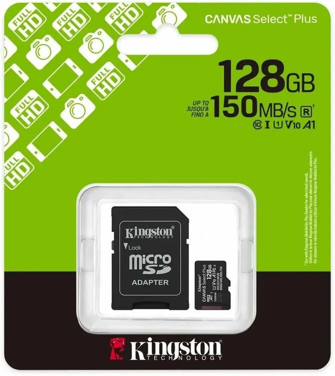 Флеш карта microSDHC 128Gb Class10 Kingston SDCS3/128GB Canvas Select Plus (с адаптером)