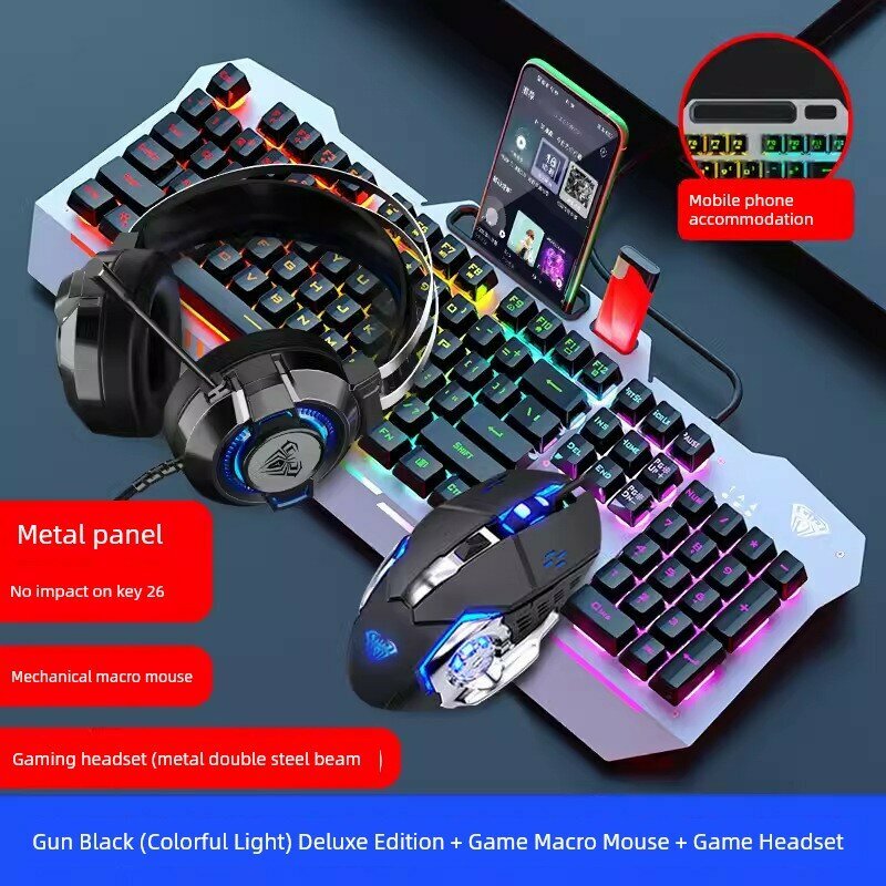 AULA F3010, черный с яркой подсветкой, мышь S20 черная, наушники S602 USB черные