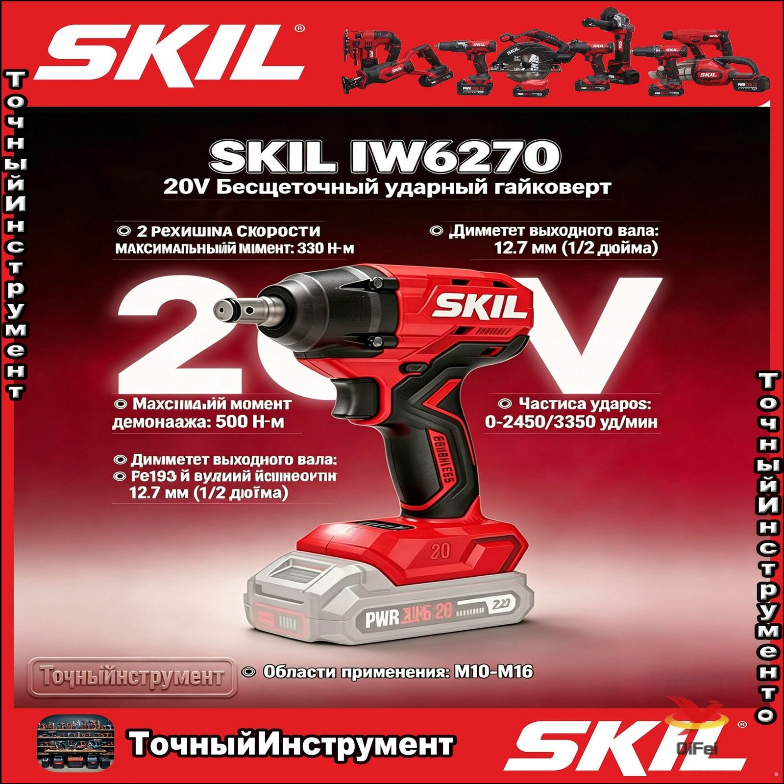 Эксклюзивный бесщеточный ударный гайковерт SKIL IW6720 на 20В, с крутящим моментом 330 Нм и массой 0.99 кг, оснащенный LEDподсветкой/