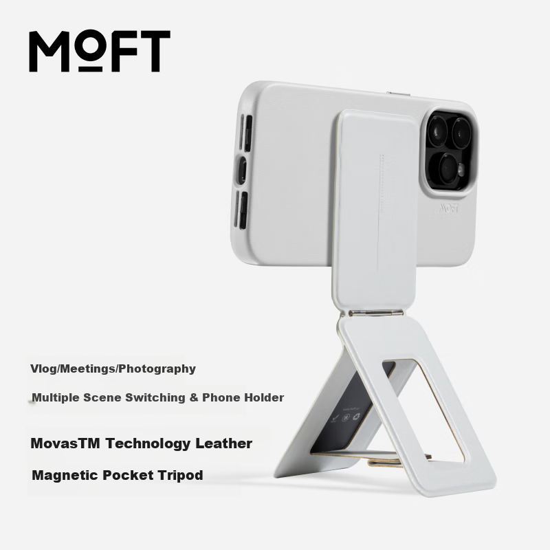 MOFT Magnetic Multifunctional Phone Stand for iPhone 15/Plus/Pro Max, Live Streaming, Selfie, Triangle Wireless Charging, Magsafe Compatible, Fog Gray