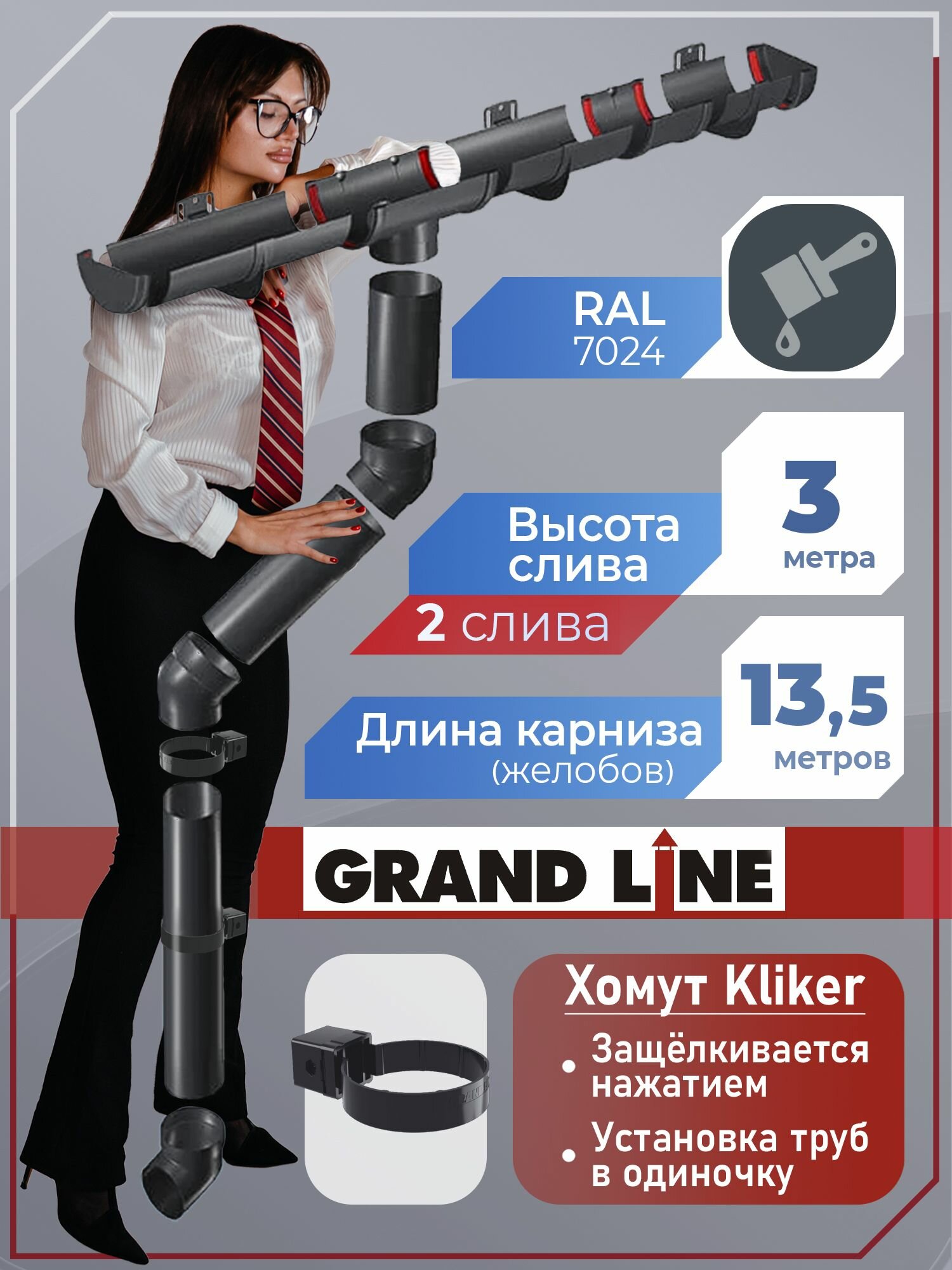 Grand Line водосточная система Кликер ( длина 13.5 м / высота 3 м) серый 2 слива, с хомутами кликер водосток для крыши (RAL 7024) Гранд Лайн ( 120 мм / 90 мм) комплект элементов ПВХ
