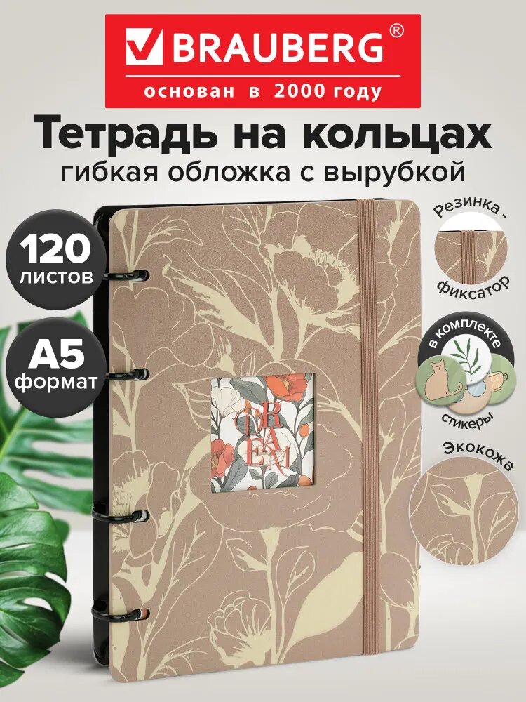 Тетрадь на кольцах А5 в клетку со сменным блоком 180х220 мм 120 листов, обложка под кожу, вырубка, резинка, Brauberg