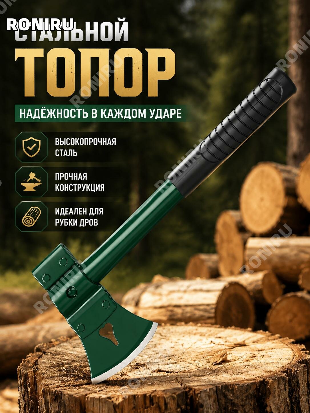 Топор со стальной рукояткой, высокоуглеродистая сталь,620 г, для дров и похода