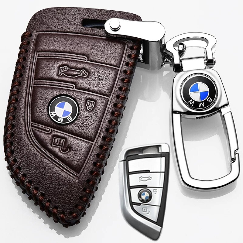 BMW Кожаный чехол для ключа для 5-й серии 3-й серии X1 X3 i3 X5, стиль A, коричневый с креплением, нож 3-кнопочный