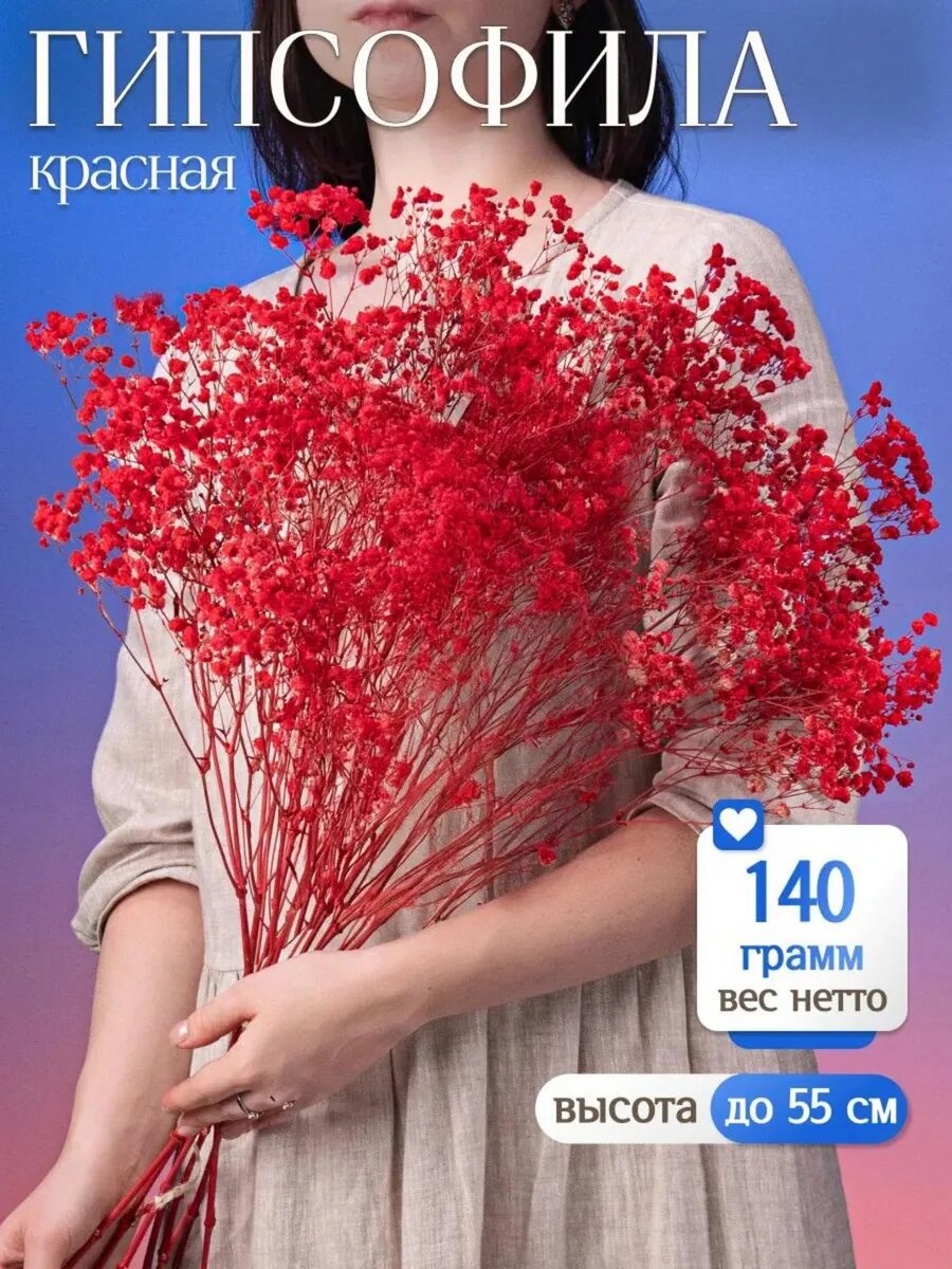 Гипсофила красная 140г, букет до 55 см сухоцветы стабилизированные для декора, высокие цветы elka.bio