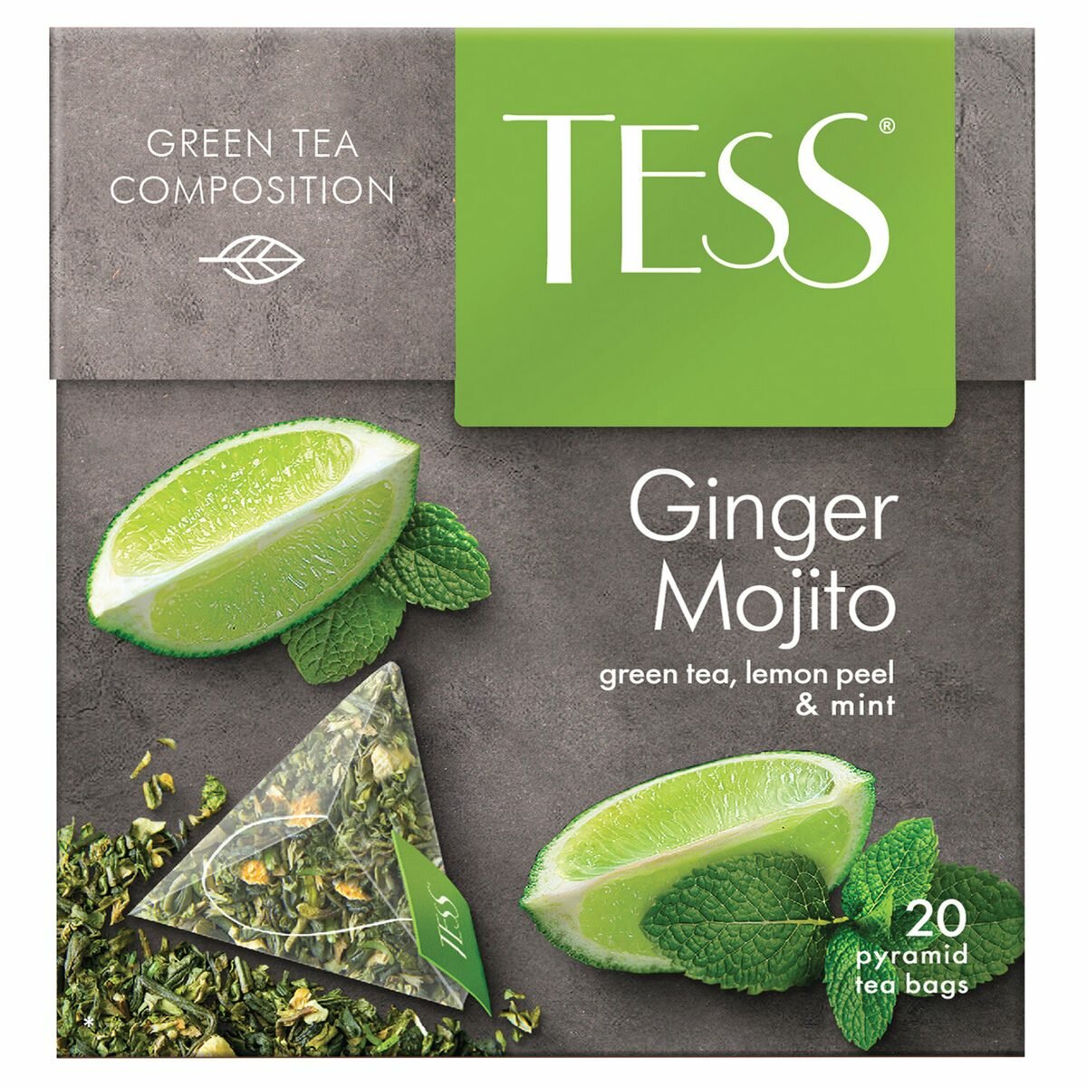 Чай Tess Ginger Mojito, зеленый с ароматом мяты и лайма, 20 пирамидок по 1,8г, 0788-12 (621041), 12шт.
