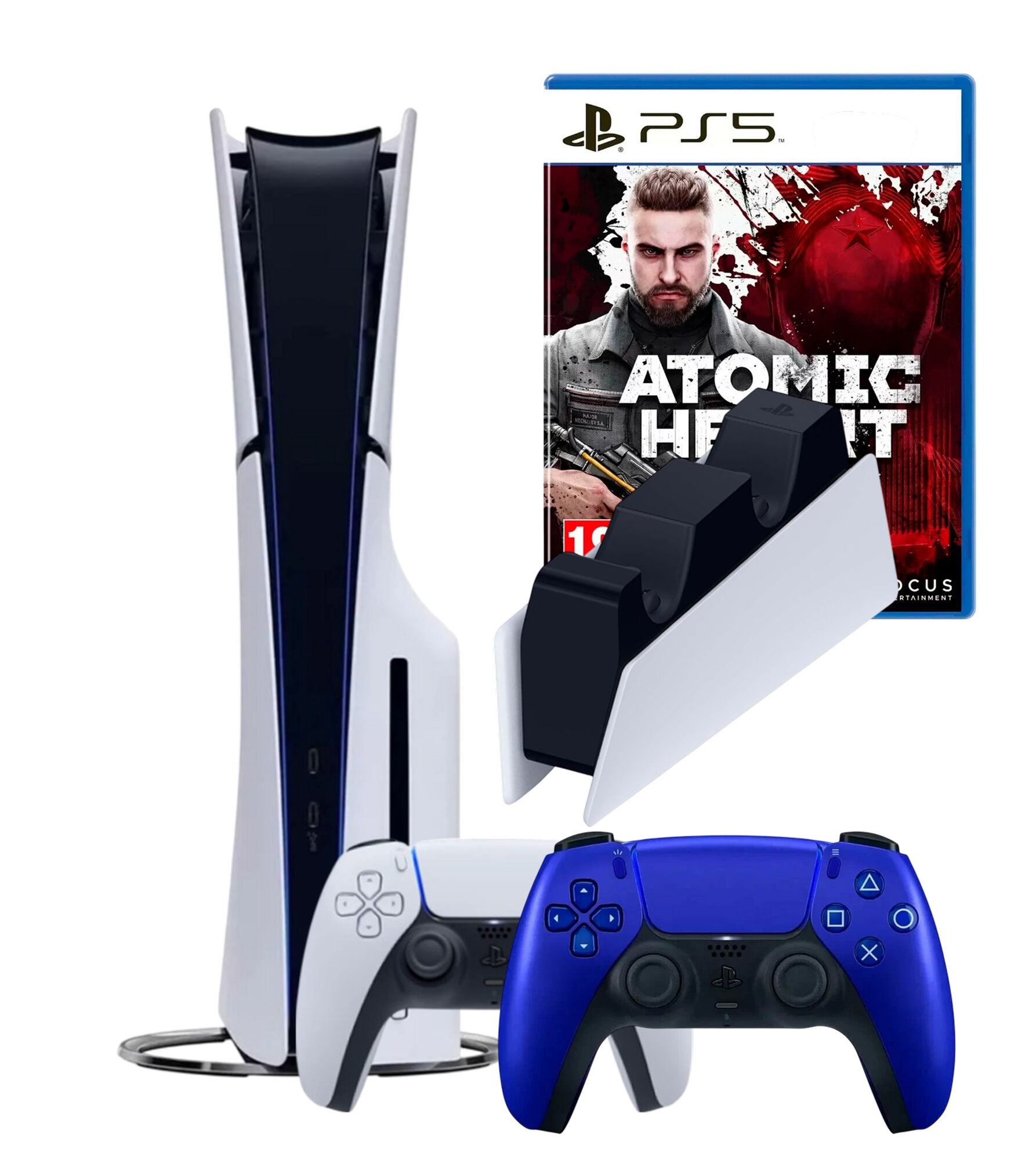 Игровая приставка PlayStation 5 Slim + 2й геймпад синий кобальт + игра Atomic Heart + станция зарядки