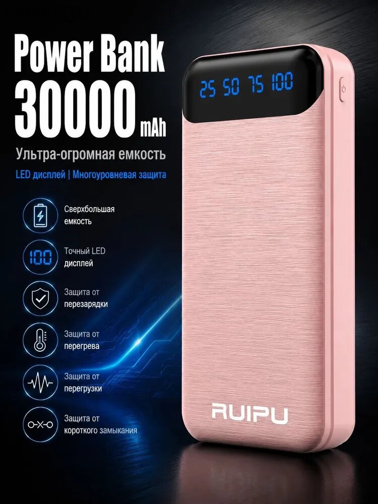 Внешний аккумулятор, 30000 мАч, 18 Вт, розовый