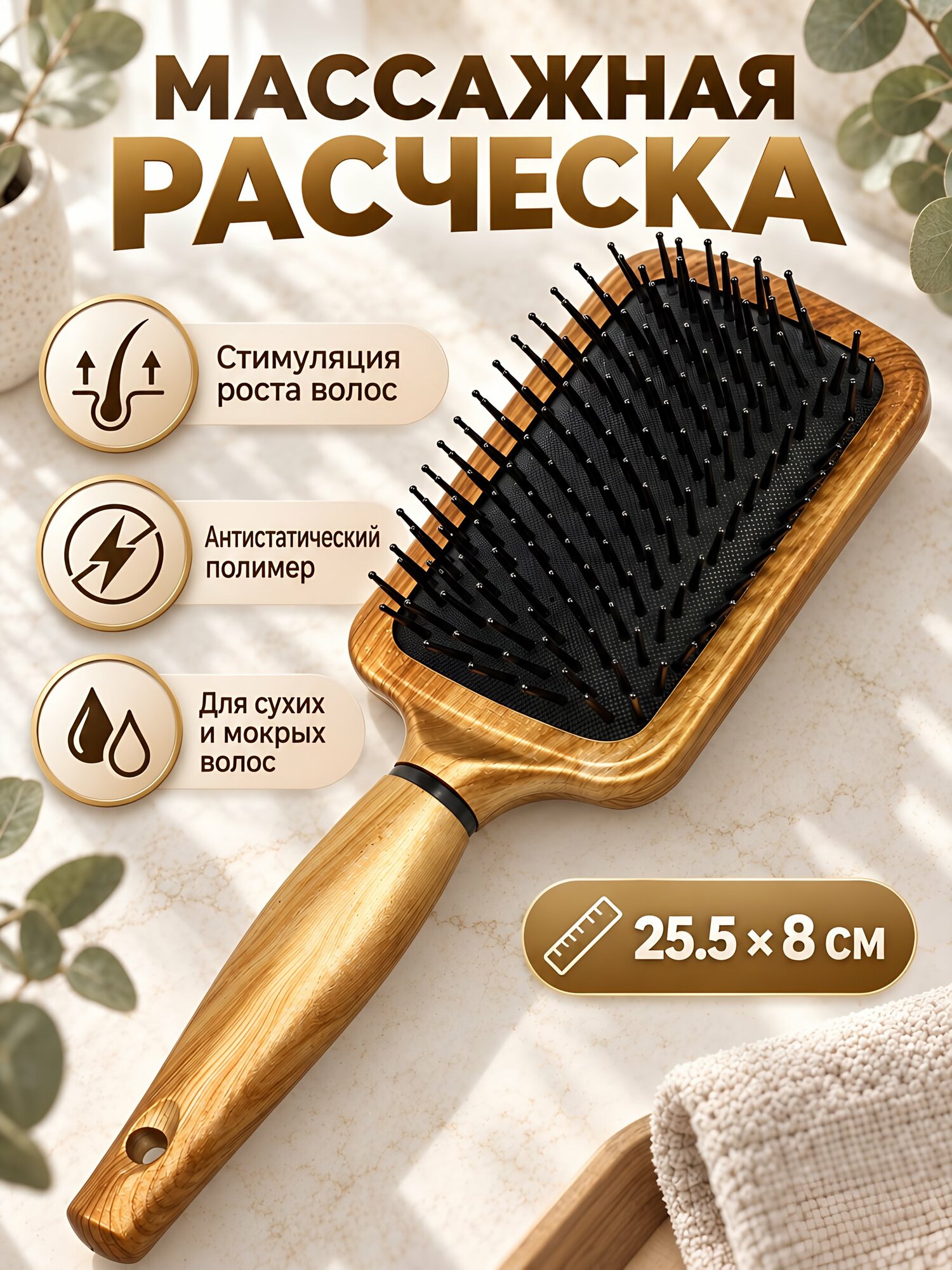 Массажная расческа для волос 25,5х8 см, полимер, прямоугольная, Золото Y4-12656
