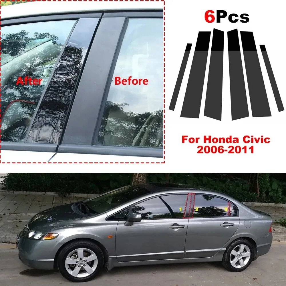 Молдинг автомобильный для Honda Civic Sedan 2006-2011, черный, 6 шт.