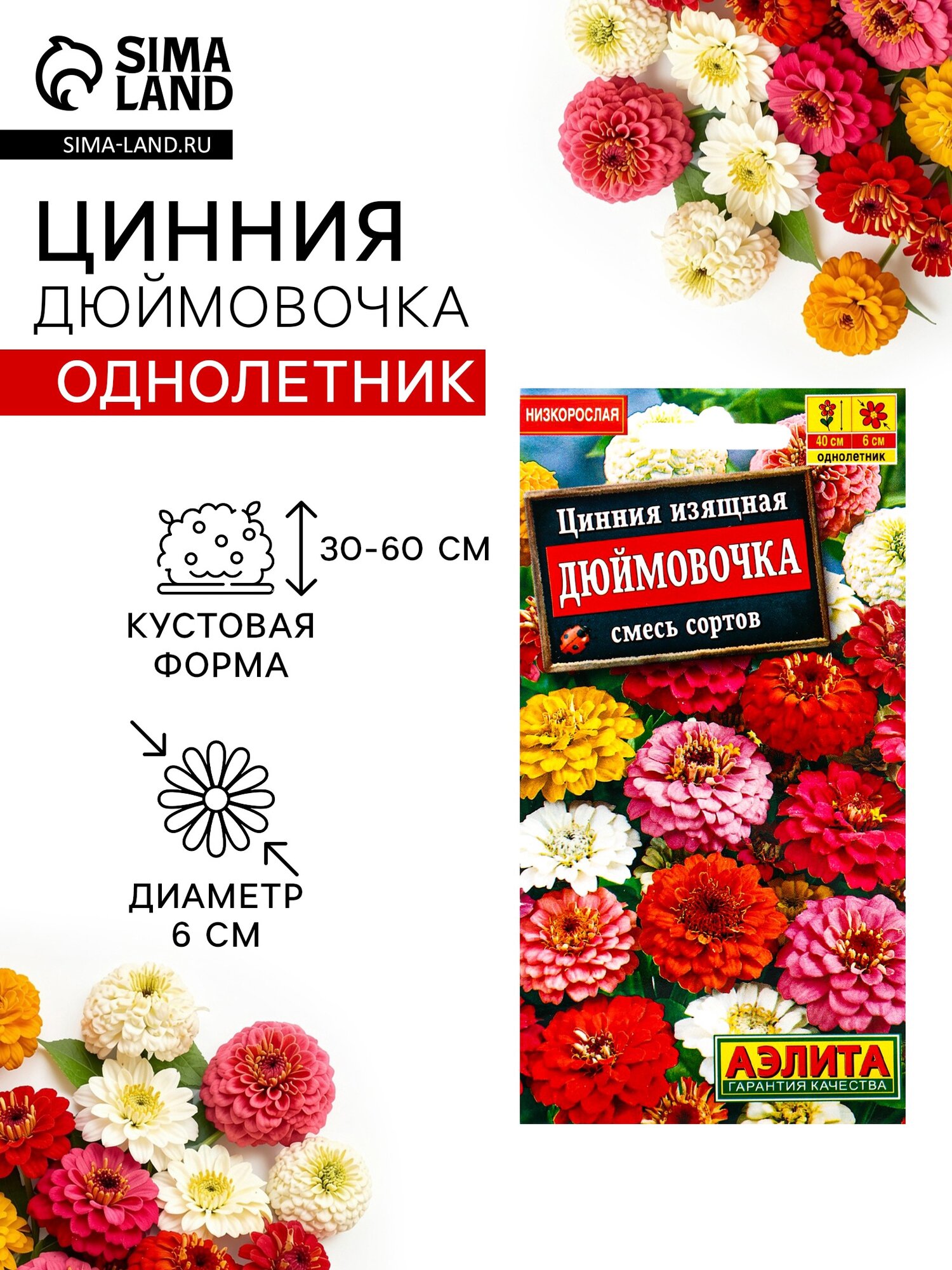 Семена цветов Цинния изящная Дюймовочка. 5 упаковок