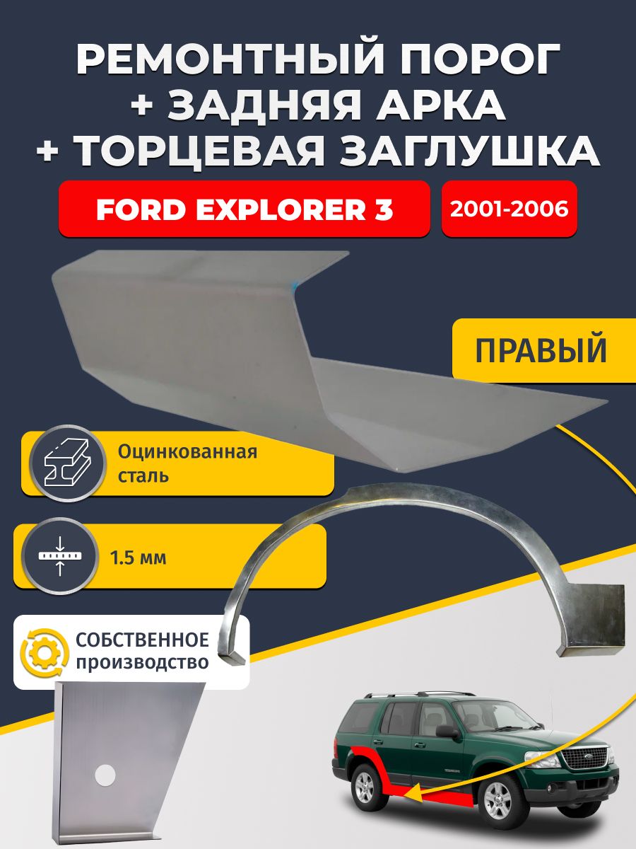 Правая задняя ремонтная арка (0,8 мм) и правый стандартный ремонтный порог (1,5 мм) + торцевая заглушка (1,5 мм) на Ford Explorer 3 2001-2006 (Форд Эксплорер 3). Оцинкованная сталь