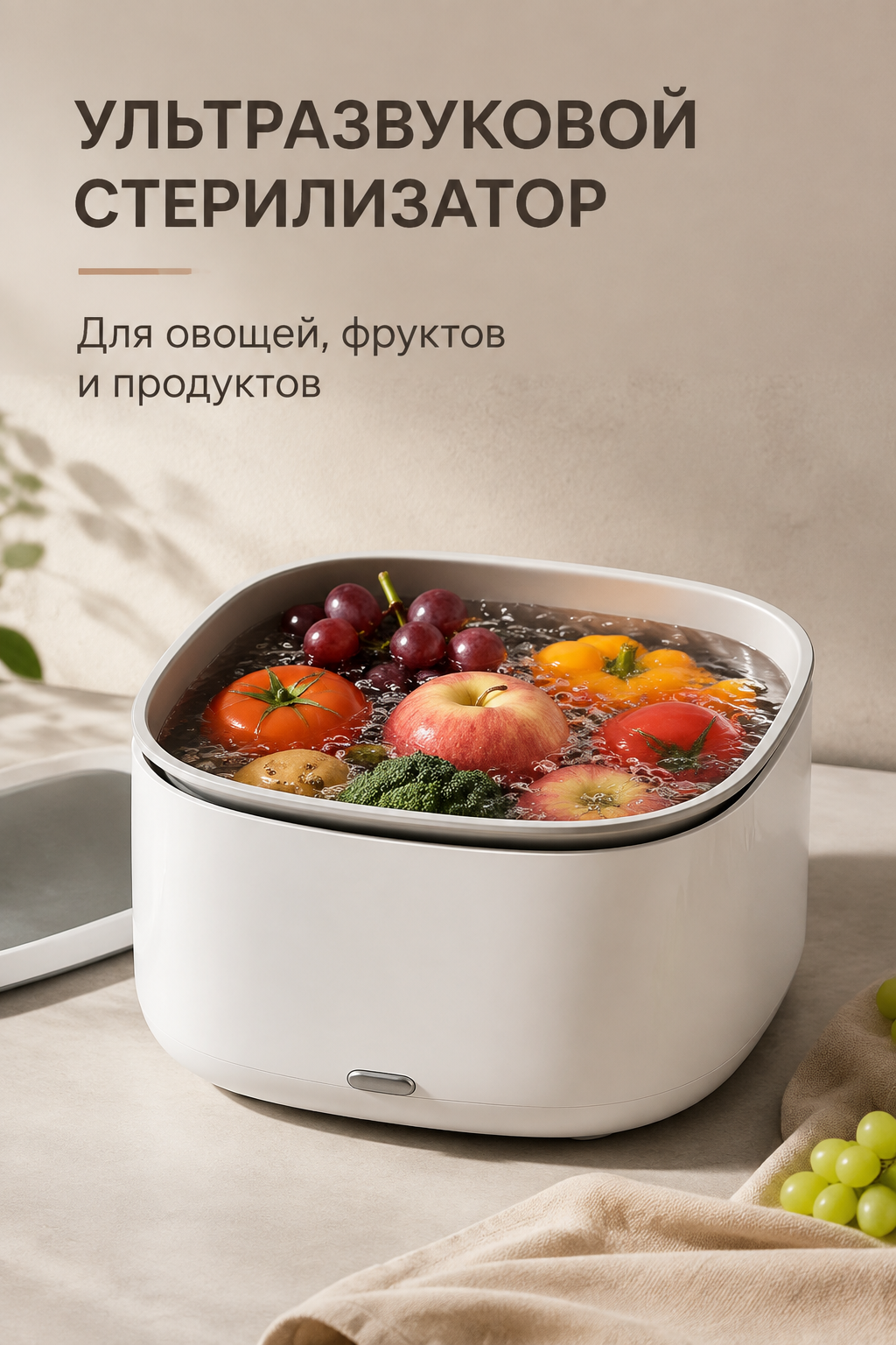 Ультразвуковой бытовой стерилизатор для овощей, фруктов и продуктов, 3 л, белый