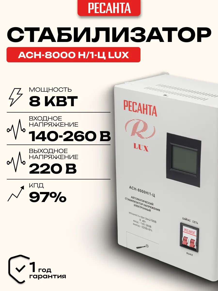 Стабилизатор напряжения 220В Ресанта АСН-8000 Н/1-Ц Lux/ Однофазная сеть/ Электронно-релейный регулятор напряжения для дома