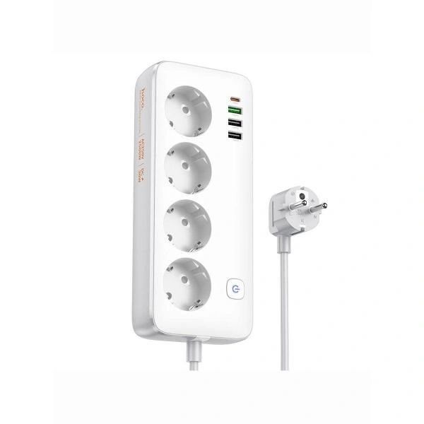 Сетевой фильтр Hoco AC22 4 гнезда + USB Type-C + 3 USB, PD30W "быстрая зарядка", 1,5м, 2,5кВт, белый