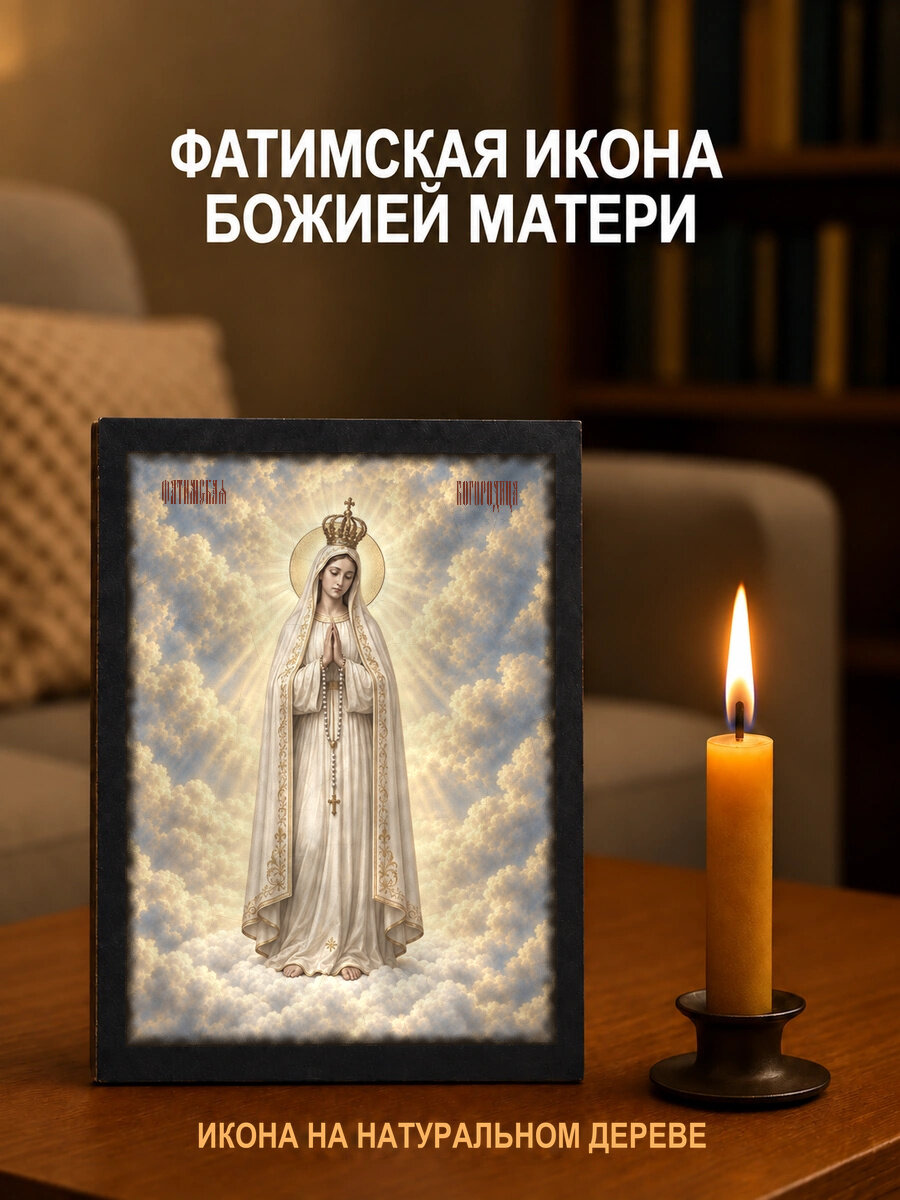 Икона «Фатимская икона Божией Матери» на натуральном дереве, 15×18 см, храмовая живопись, потёртое золото