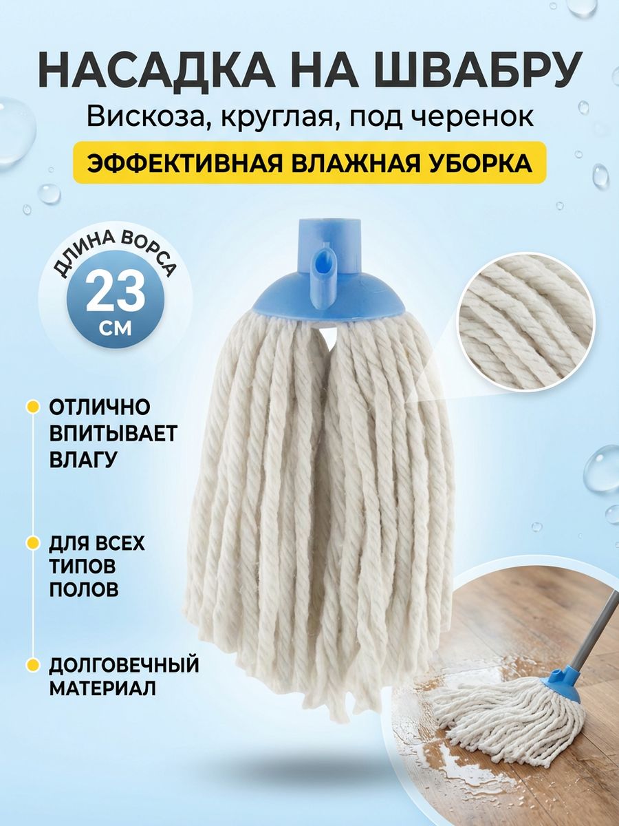 Насадка на швабру круглая, под черенок, вискоза, МОП, 23 см, 22,5*8,5*7 см, бирюзовая