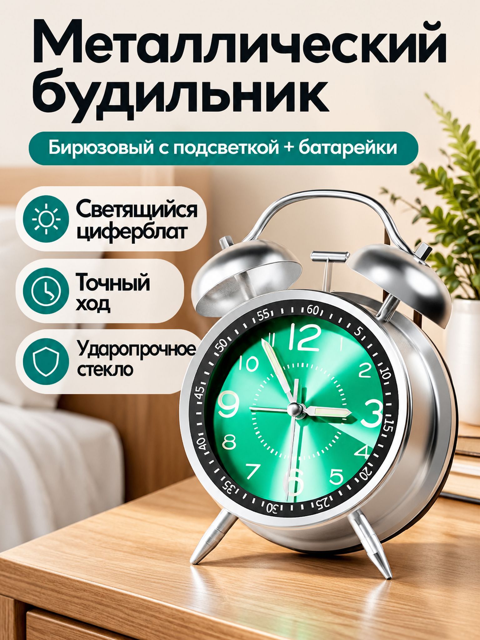 Будильник настольный металлический с и тихим механизмом, циферблат зеленый