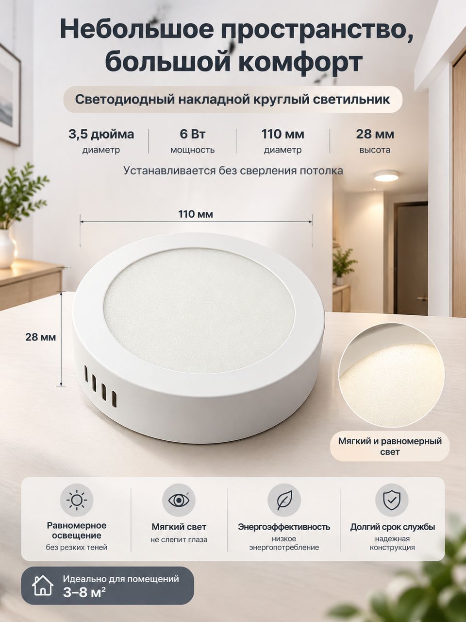 Накладной светодиодный панельный светильник 6W 4000K для прихожей