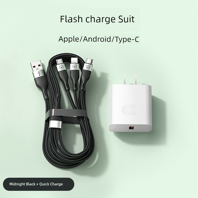 Кабель 1 м с 3-в-1 разъемами и адаптером QC3.0, темно-черный для Apple Android Type-C