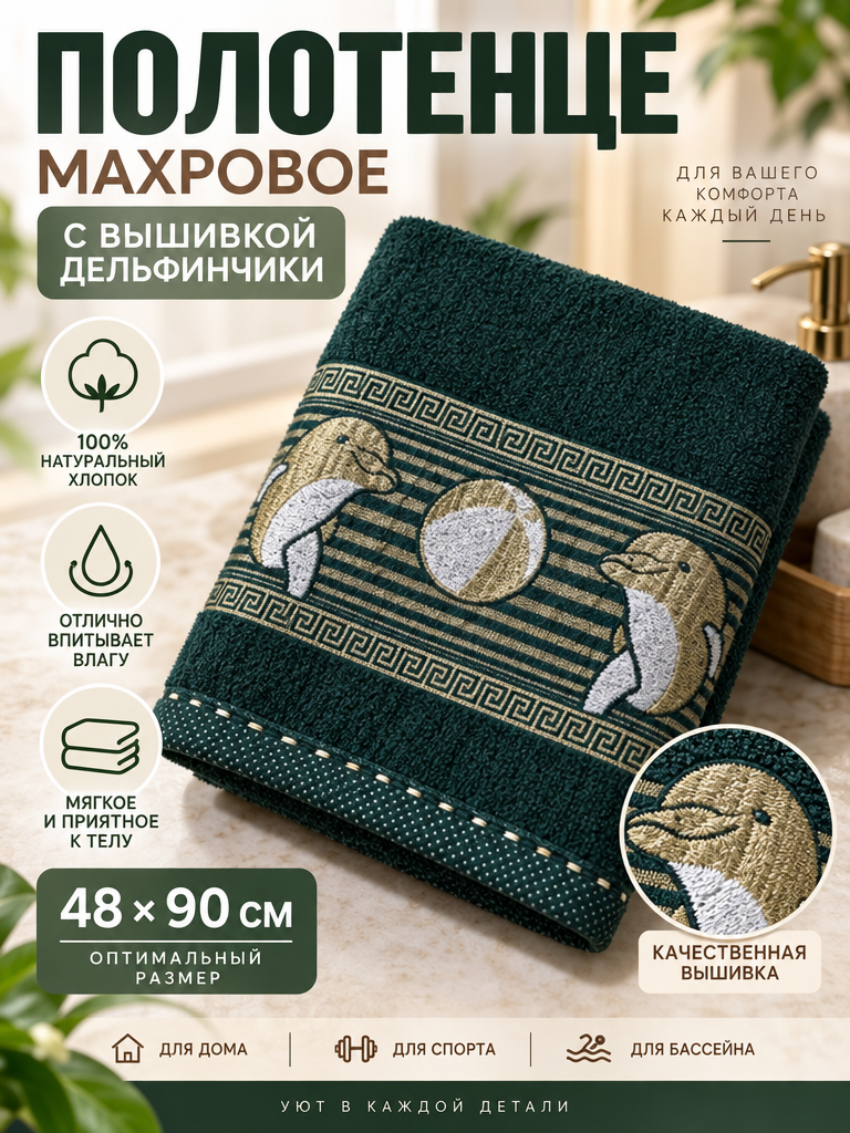 Махровое полотенце "Дельфины", хлопок, 48*90, темно-зеленое, 1 шт