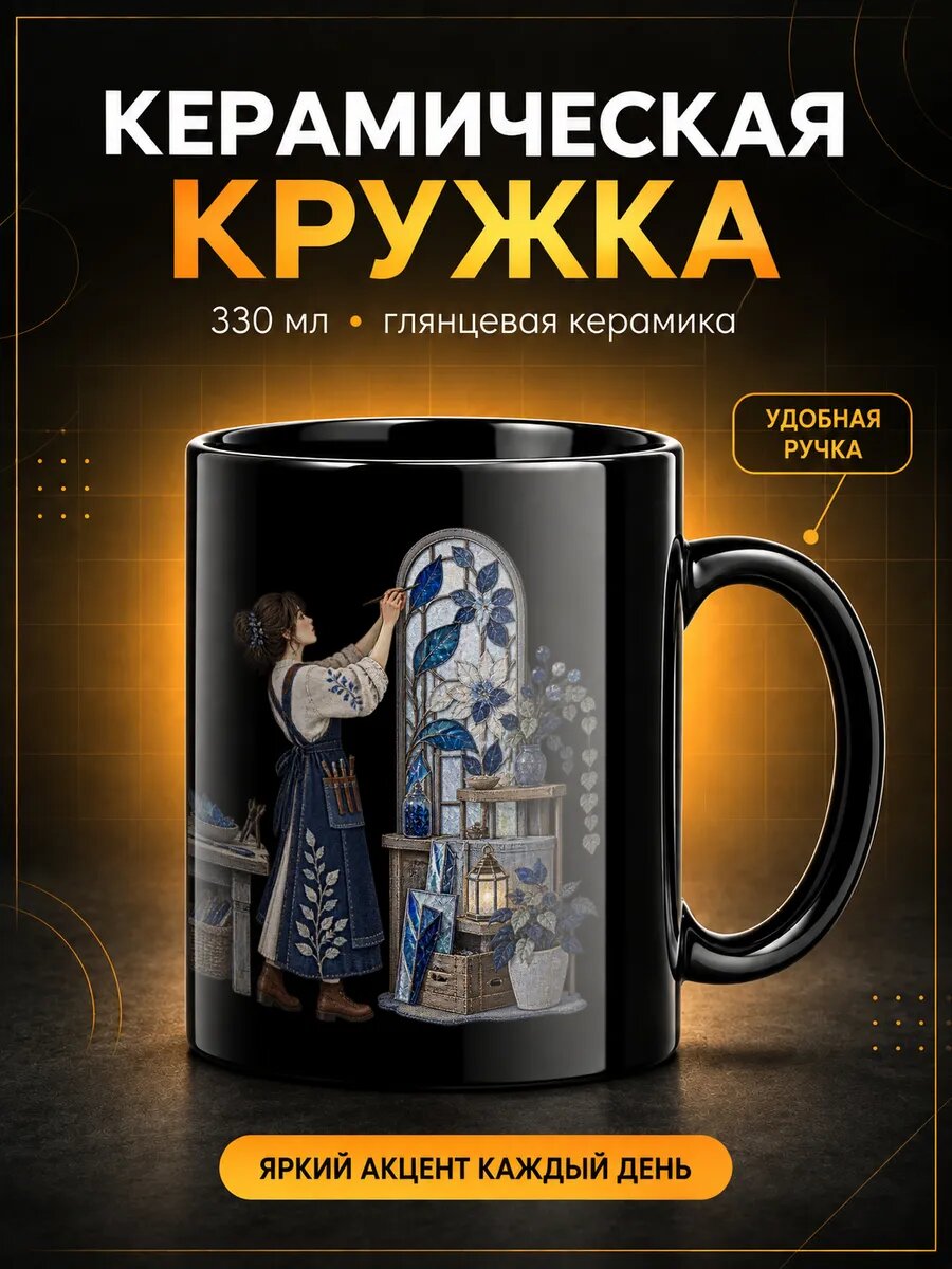 Кружка керамическая TOP CUP, Свет витражей, чёрная, 330 мл, подарок другу