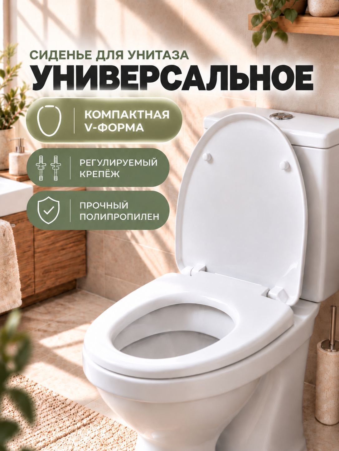 Крышка для унитаза, стульчак, сидушка универсальная, ободок, регулируемый крепеж, сиденье для унитаза