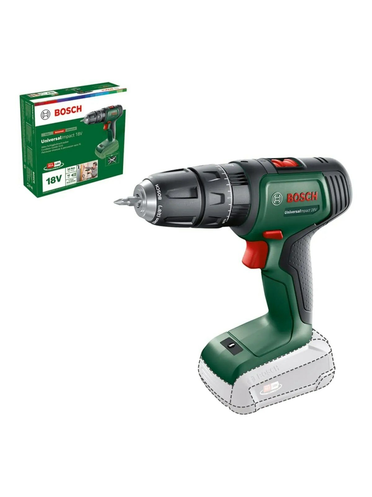 Аккумуляторная ударная дрель-шуруповерт Bosch UniversalImpact 18V, 18В, 34Нм, без аккумулятора, 06039D4100