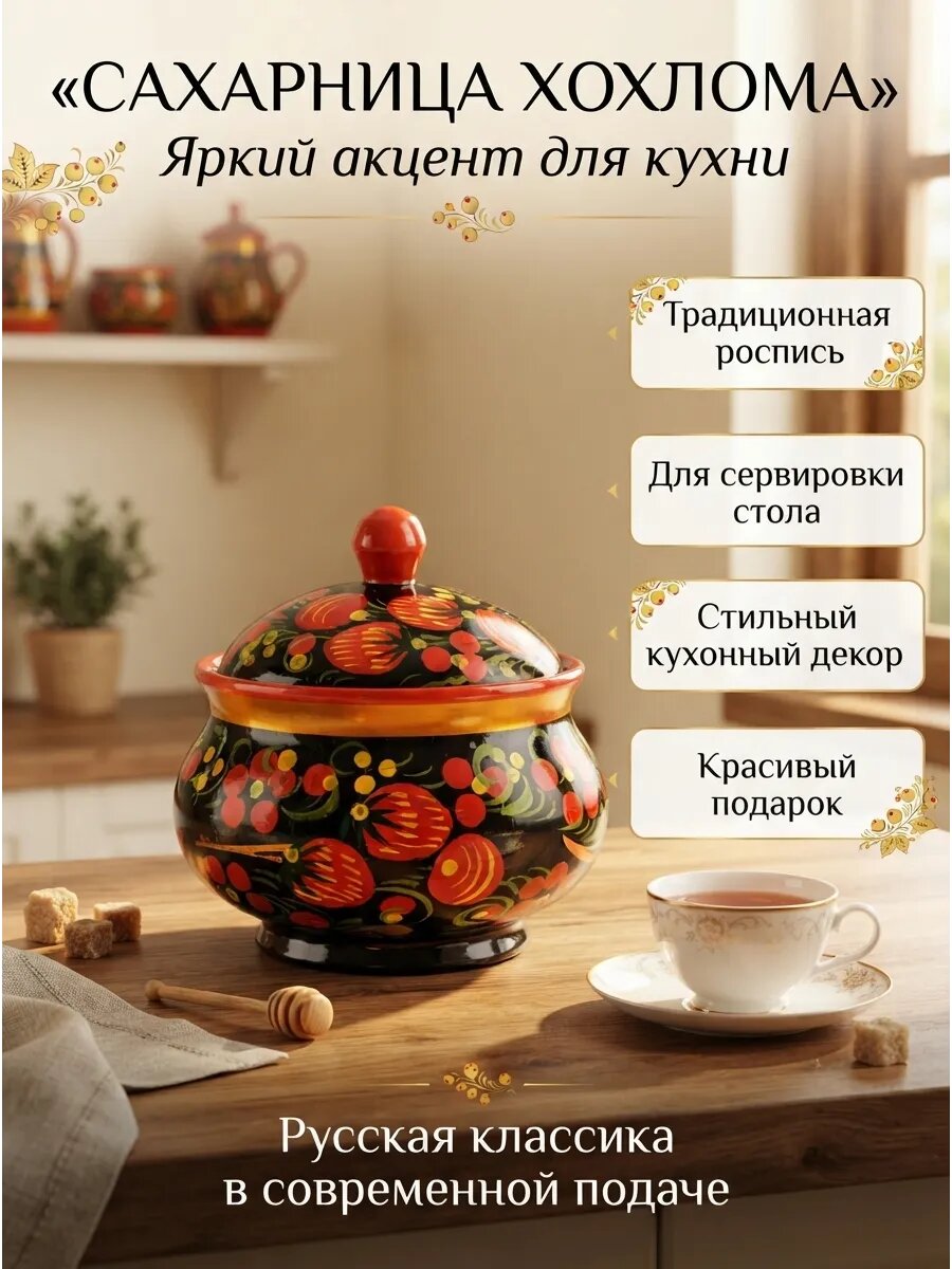 Сахарница SKYPHOS «Ягодка», малая, 9×9 см, с крышкой, дерево, хохлома