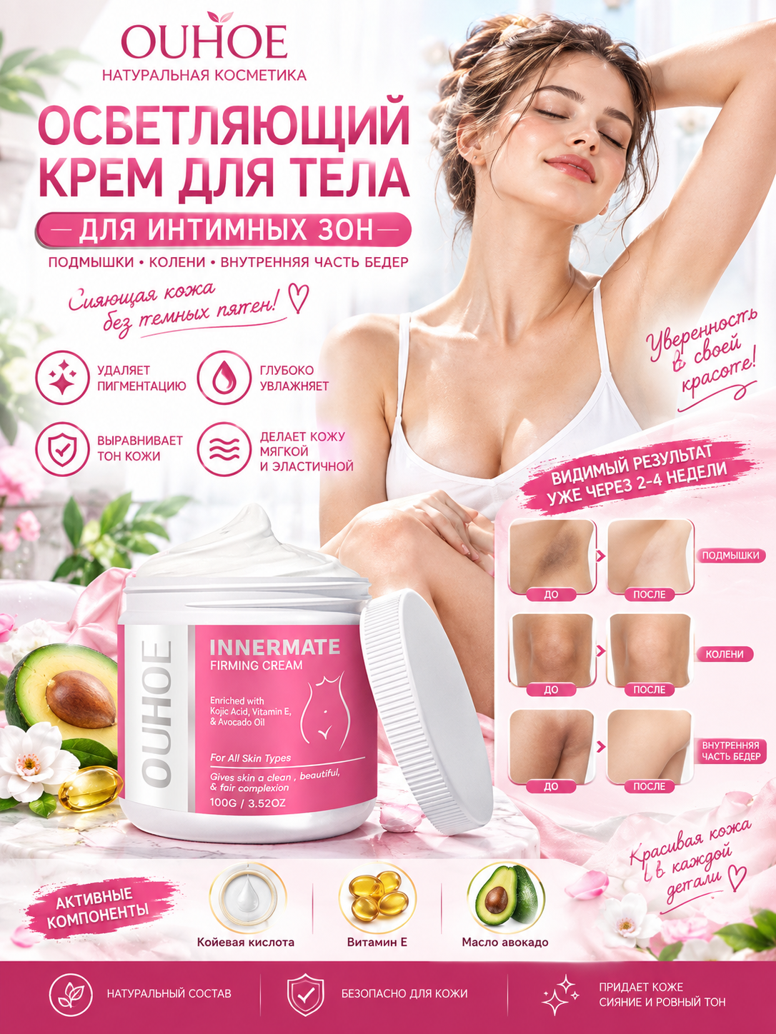 Крем для осветления кожи тела — уход за подмышками, бедрами, коленями и локтями, увлажнение