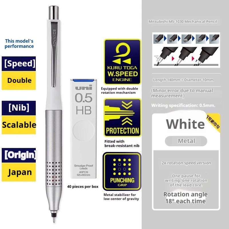 Механический карандаш Uni Kuru Toga M5-1030 Metal HB Белый, 1White 1Box HB Lead