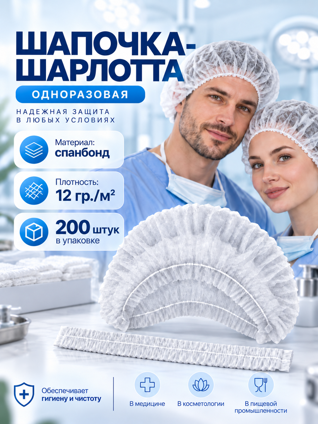 Шапочка-Шарлотта одноразовая медицинская 12г/м2, белая - 200 штук