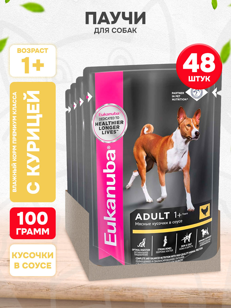 Корм влажный Eukanuba Dog Adult для взрослых собак курица в соусе, 100 г 48 шт