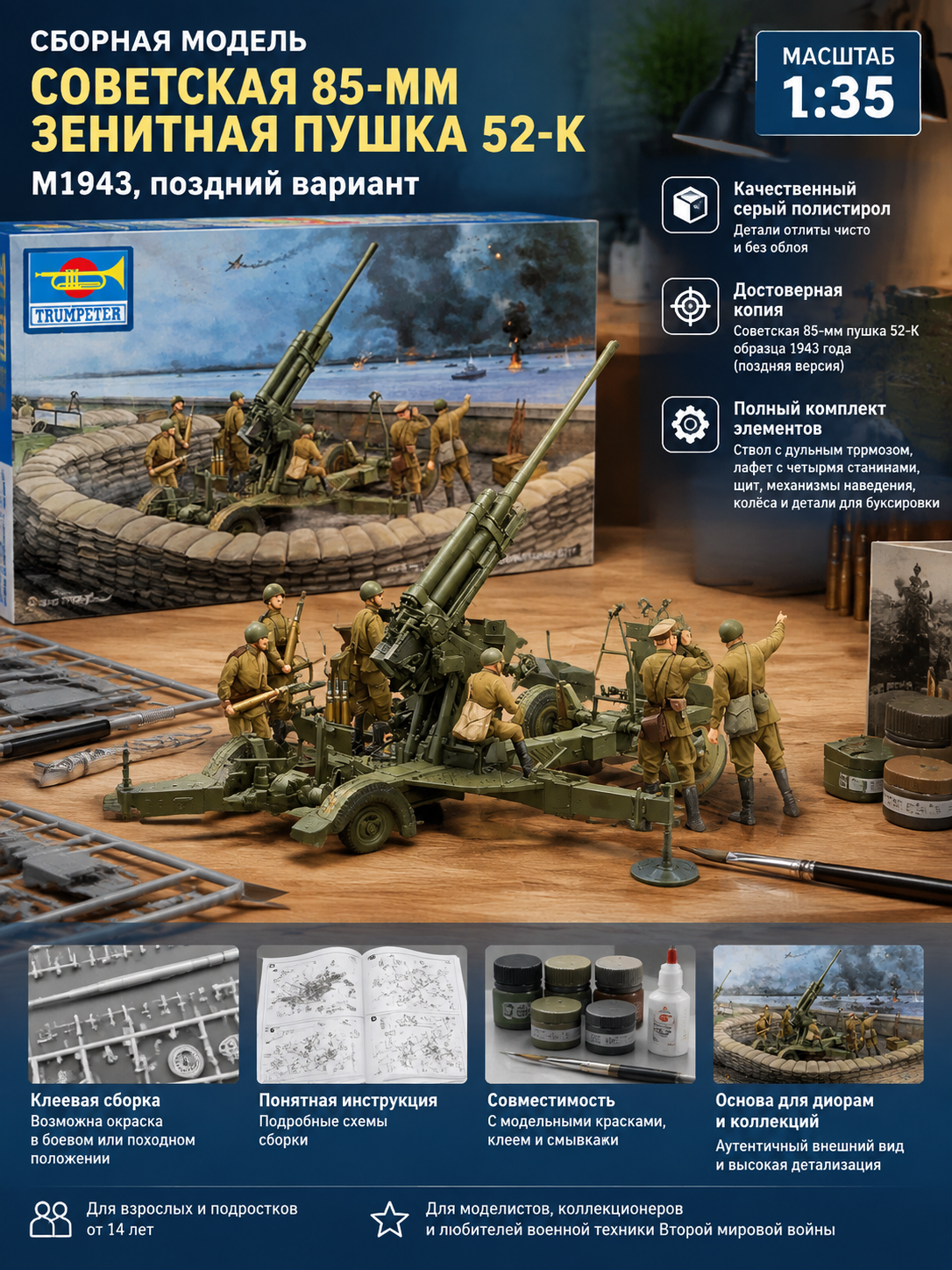 Сборная модель 1:35 советская 85-мм зенитная пушка 52-К М1943, поздний вариант, пластик